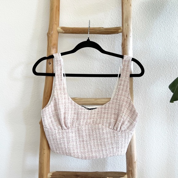 Zara | Tops | Zara Pastel Pink White Tweed Textured Corset Crop Top Nwt ...